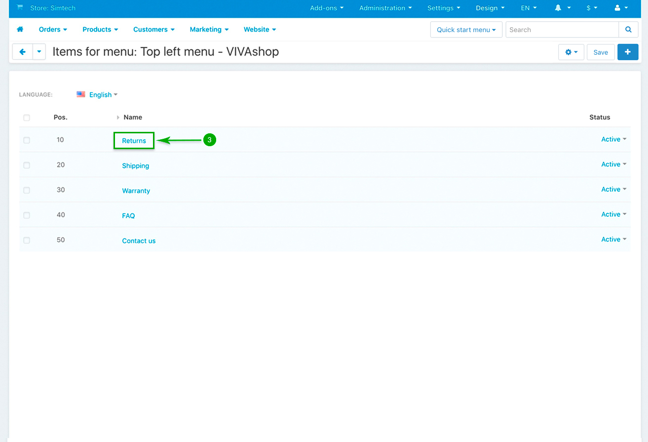 VIVAshop Documentation :: 3.19 :: Installation :: Manually add content :: Adding menus